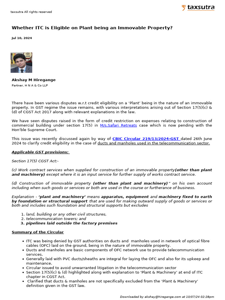 ITC Eligibility for Immovable Plant Assets | PDF | Technology & Engineering
