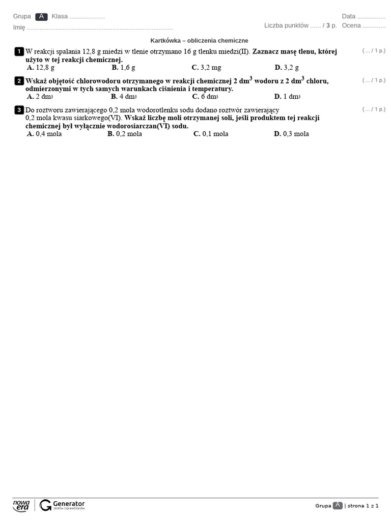 Kartkówka - Obliczenia Chemiczne Test (Z Widoczną Punktacją) | PDF