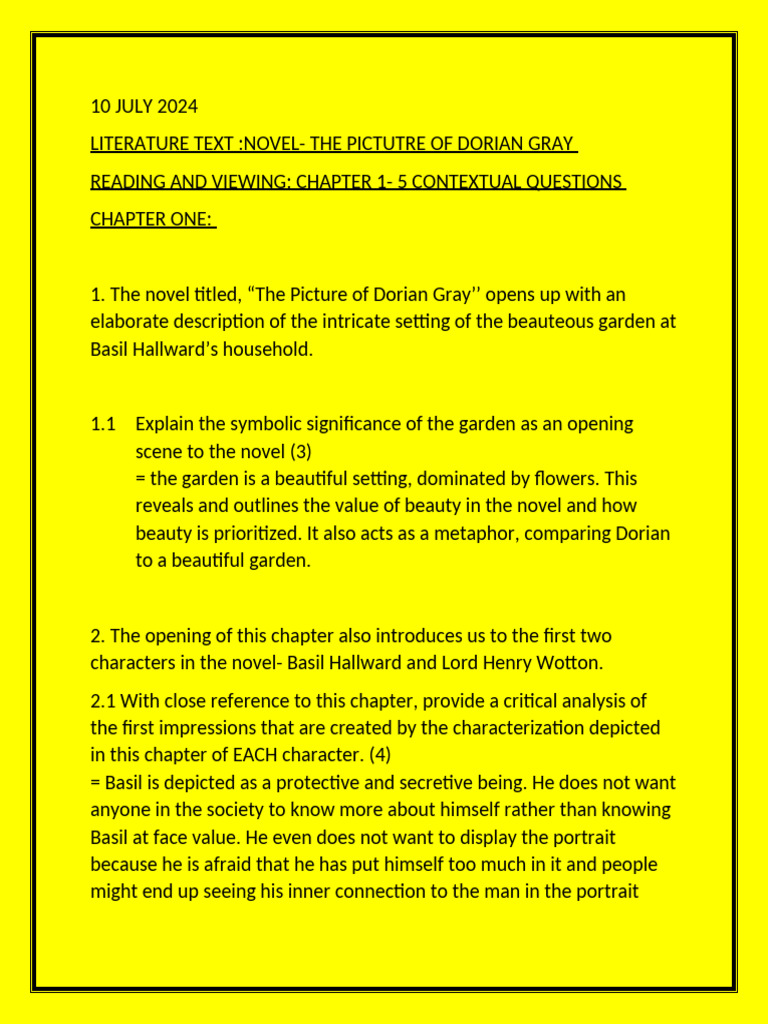 Dorian Gray: Chapters 1-5 Analysis | PDF | The Picture Of Dorian Gray