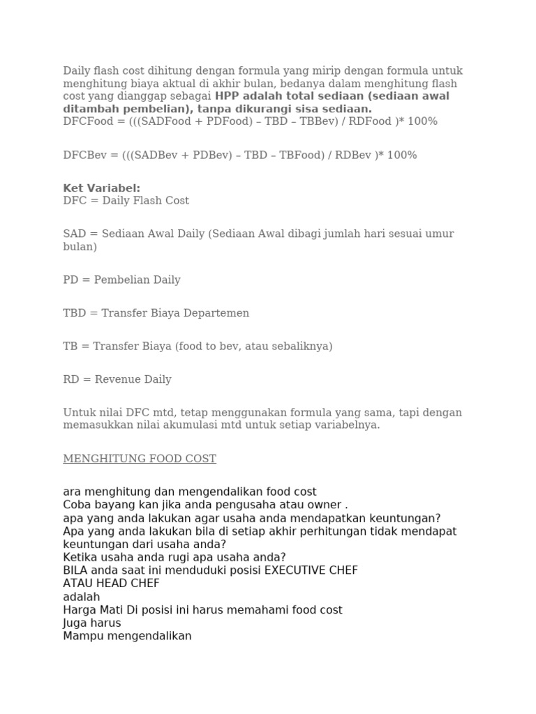 Menghitung Daily Flash Cost dan Food Cost | PDF