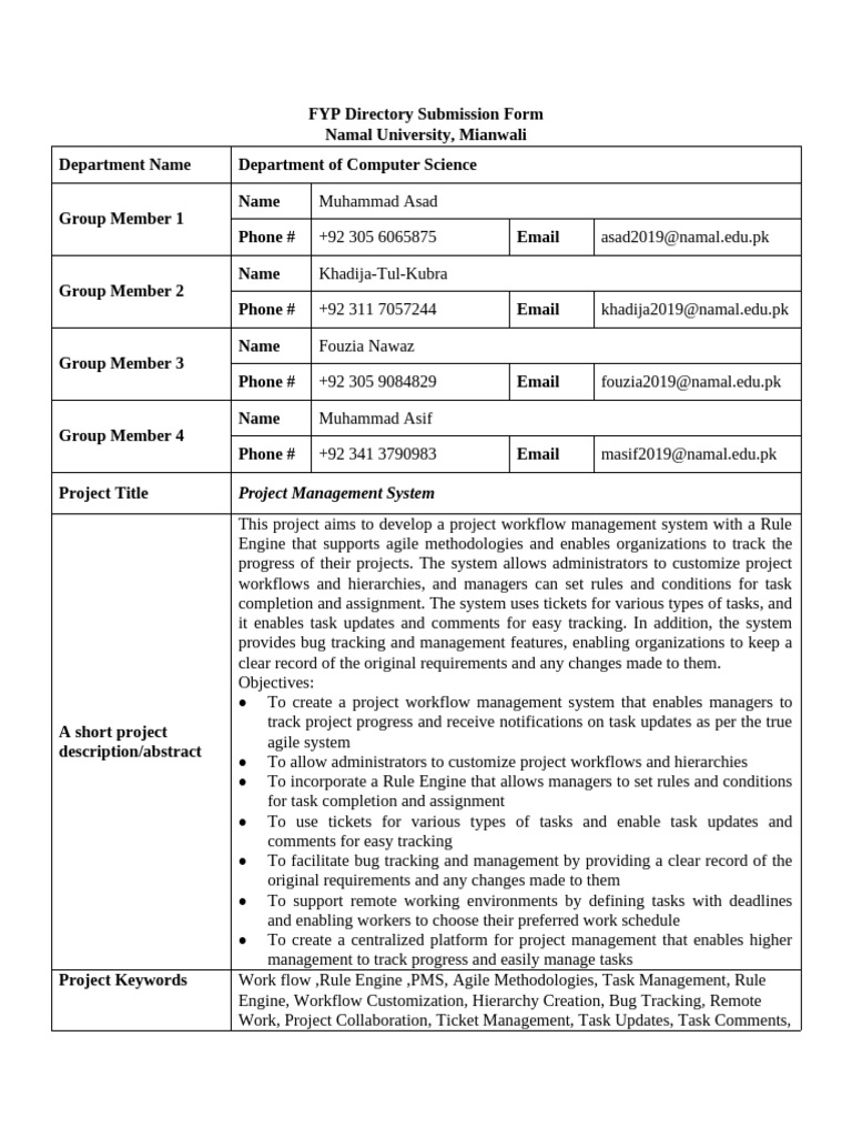 FYP Submission Form (PMS) | PDF | Software Engineering | Information Technology