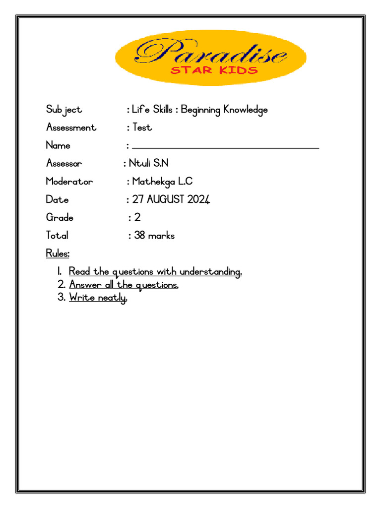 Grade 2 Life Skills Assessment Term 4 | PDF
