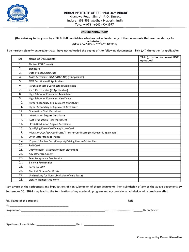 Undertaking For Non-Subission of Documents For PG Students - AY 2024-25 ...