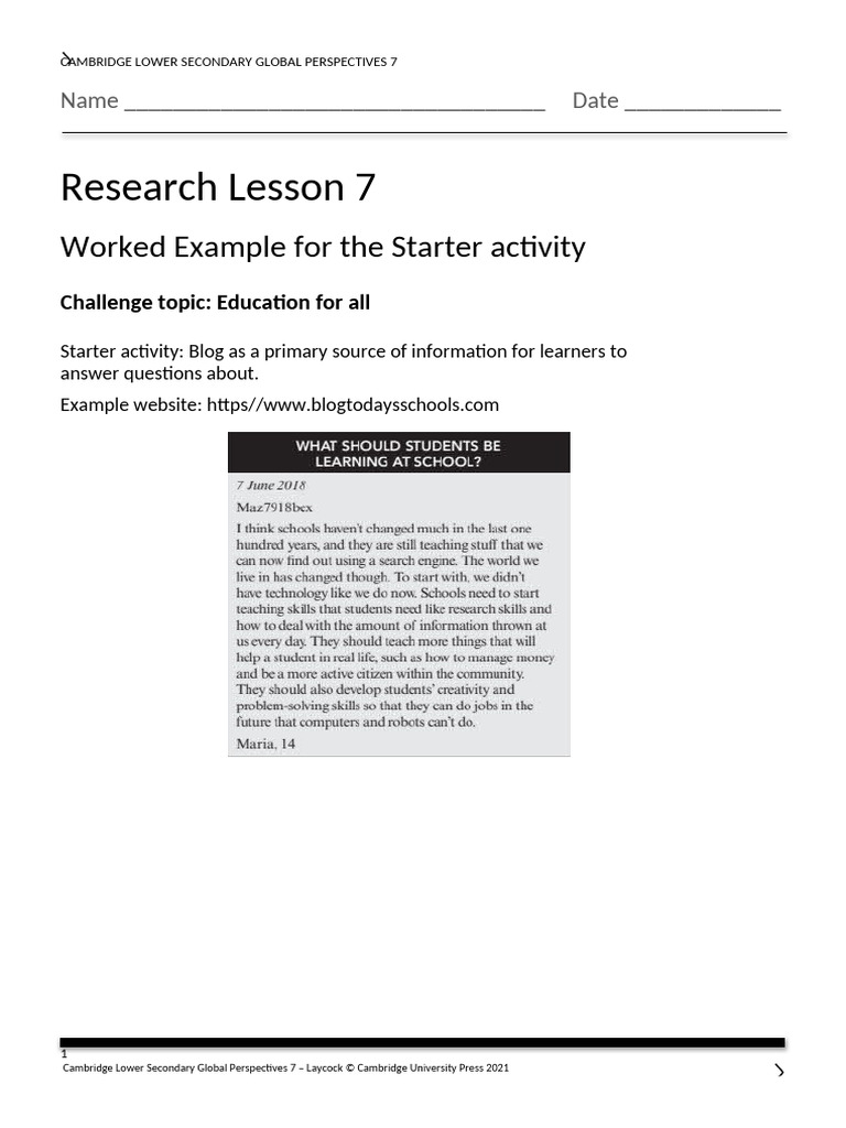 Research Lesson 7 Worked Example For The Starter Activity | PDF