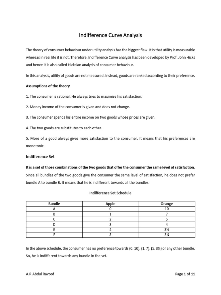 Indifference Curve Analysis | PDF | Utility | Consumers