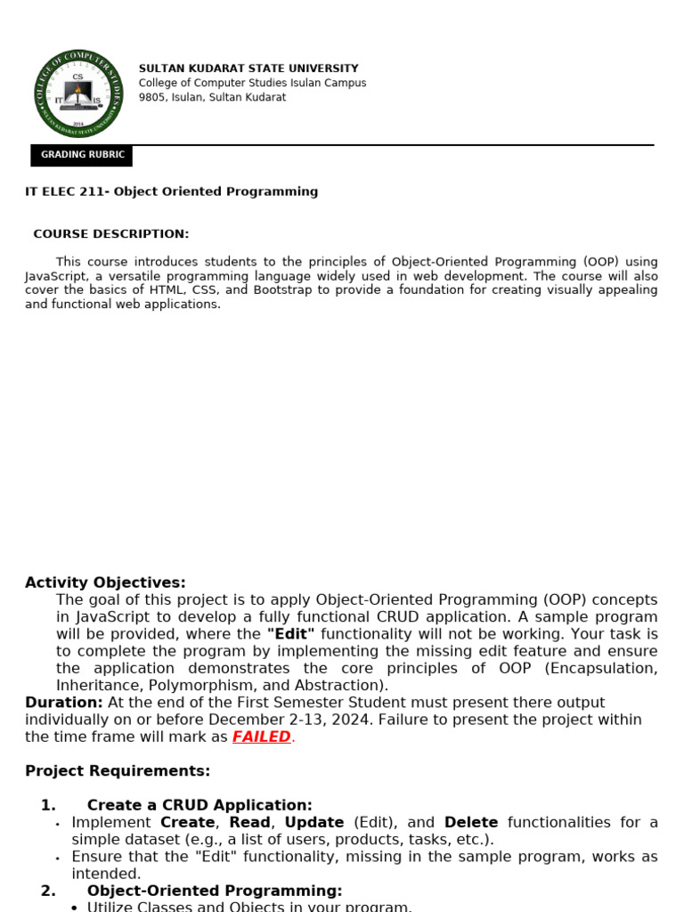 Final Activity Pdf Object Oriented Programming Class Computer Programming