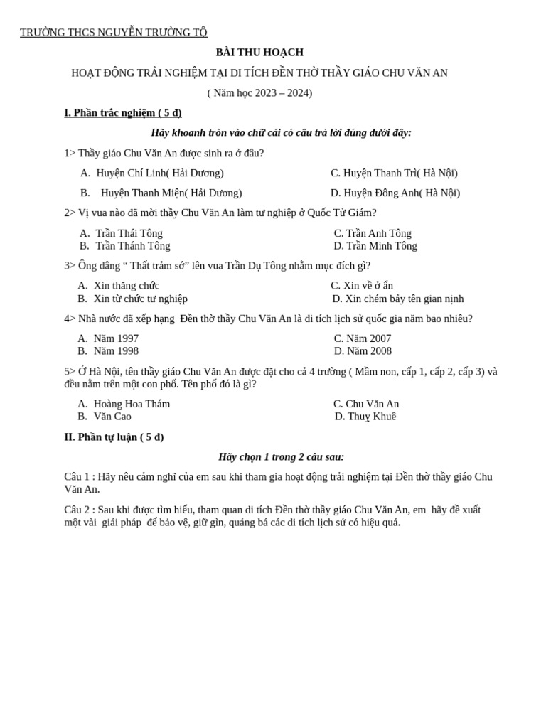 Câu hỏi thu hoạch đi tham quan HKII 2024 | PDF