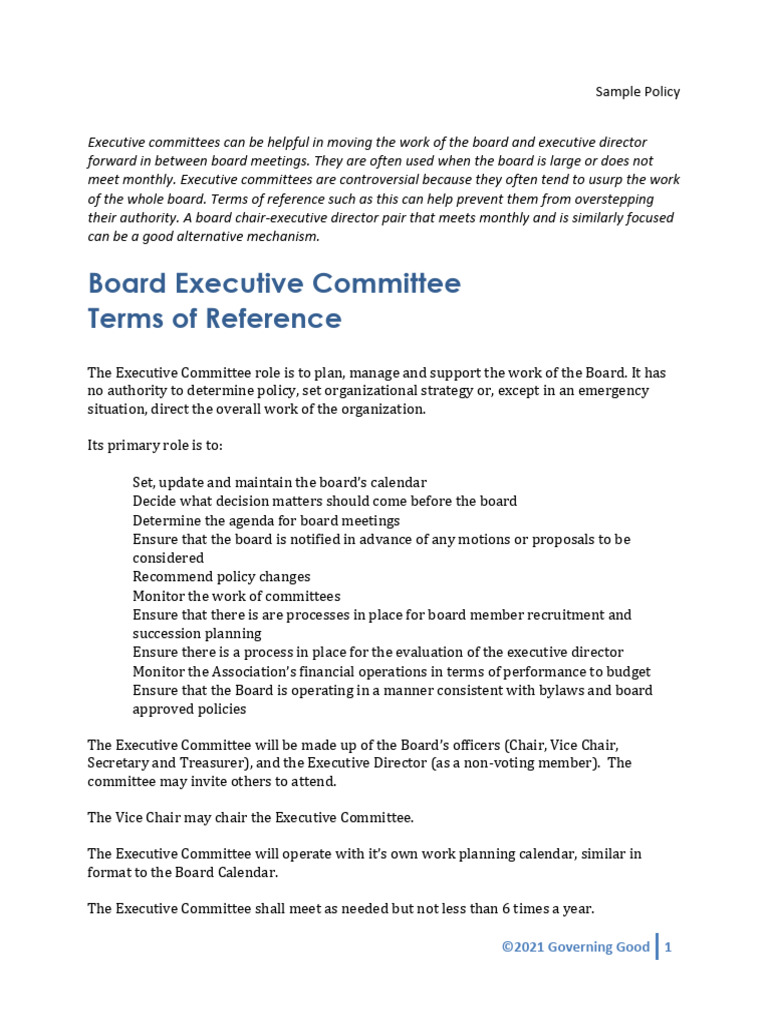 Executive Committee Terms of Reference | PDF | Committee | Policy