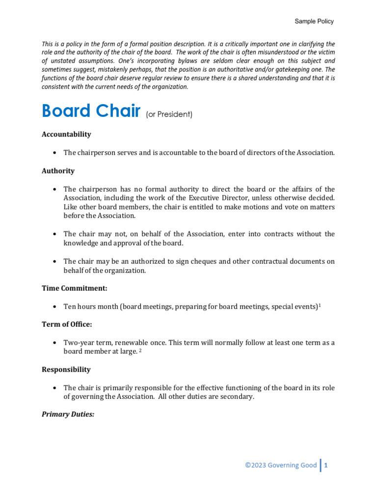 Board Chair Sample Job Description New | PDF | Governance | Board Of ...