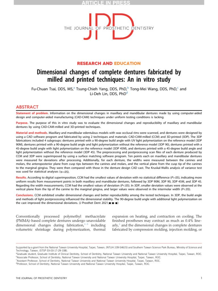 Dimensional Changes Of Complete Dentures Pdf Dentures 3 D Printing