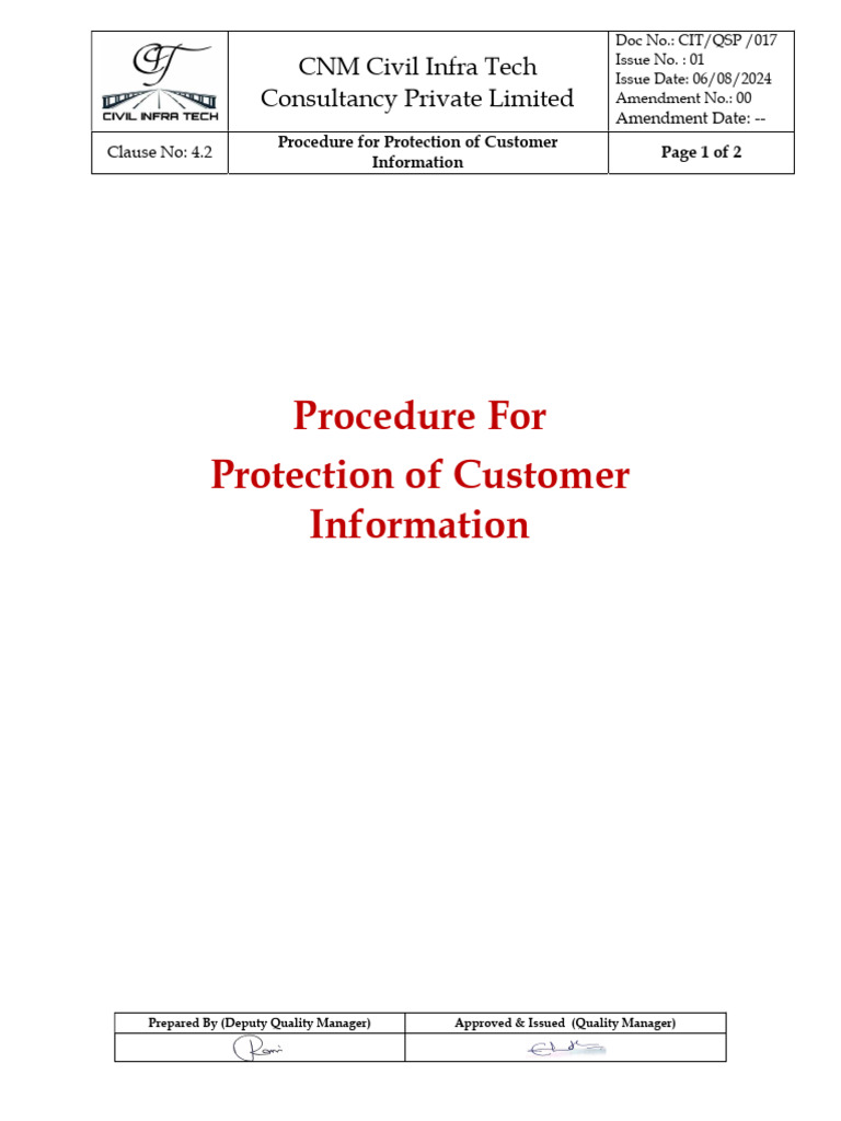 Procedure For Protection of Customer Information: CNM Civil Infra Tech ...