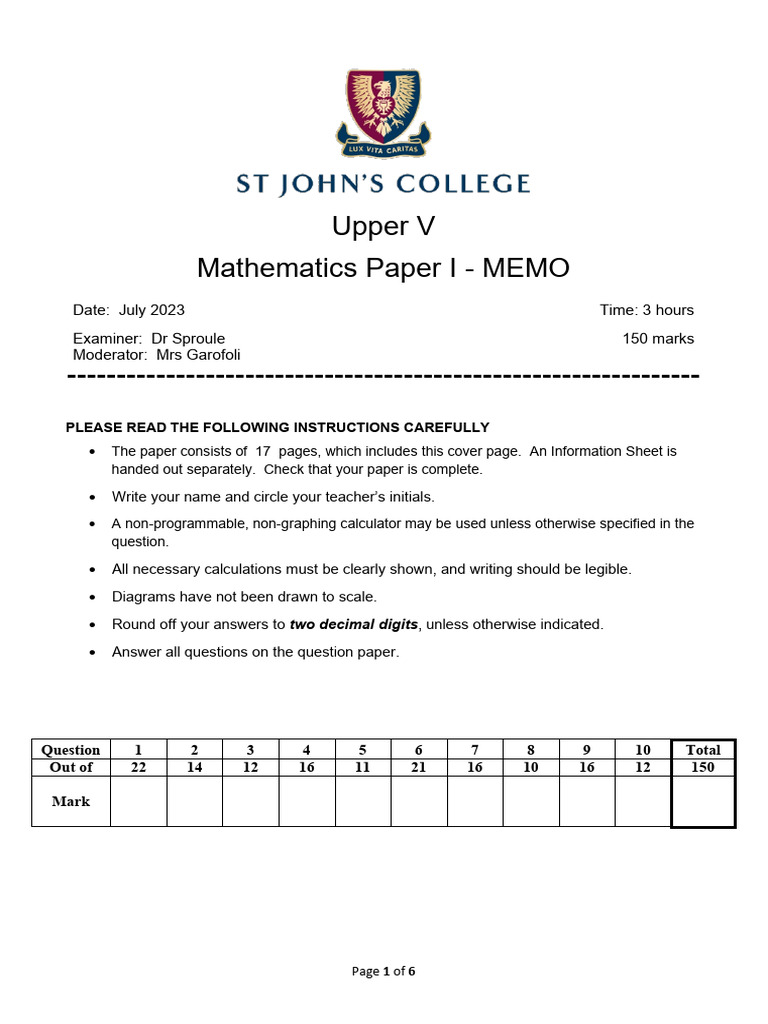 ST John's College Maths Prelim Paper 1 2023 Memo | PDF | Mathematics
