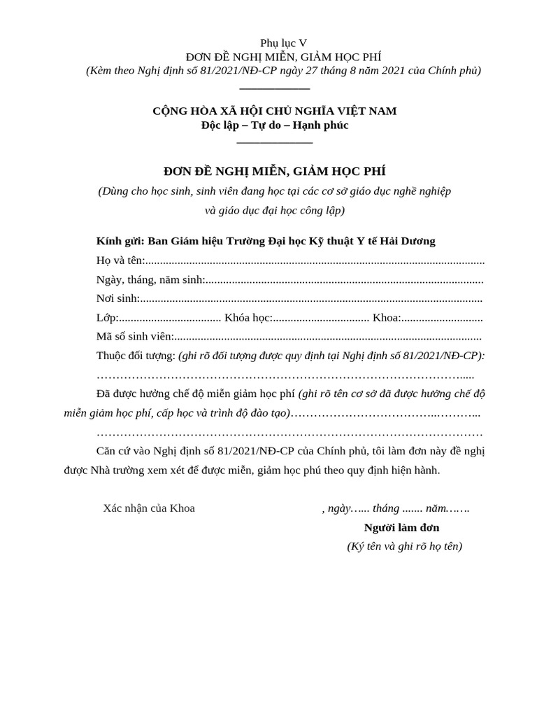 Đơn Xin Miễn Giảm Học Phí | PDF