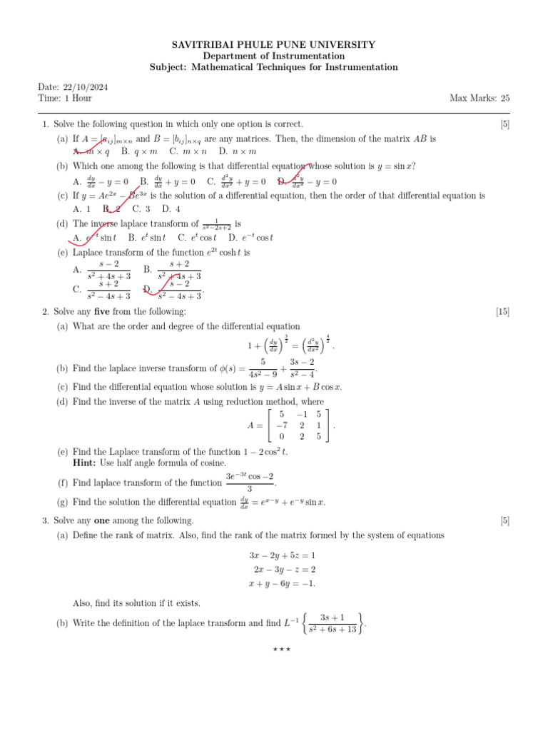 Instrumentation Mathematics Paper-1 | PDF | Matrix (Mathematics ...