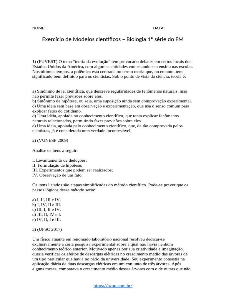 Exercício de Modelos Científicos - Biologia 1 Série Do EM | PDF | Science | Método científico