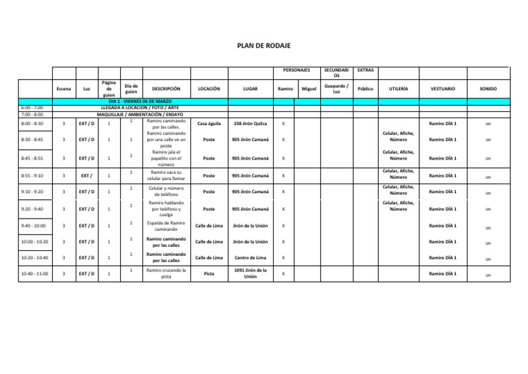 Plan de Rodaje: Plantilla PDF | PDF
