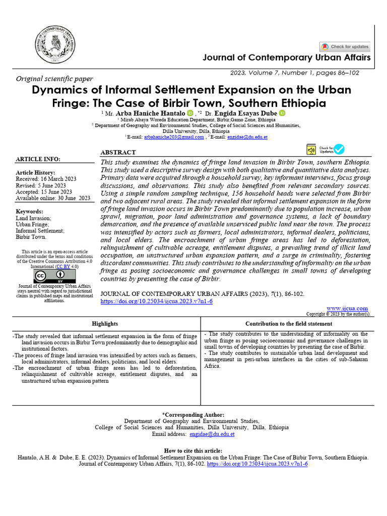 Dynamics of Informal Settlement Expansion On The Urban Fringe: The Case of Birbir Town, Southern ...