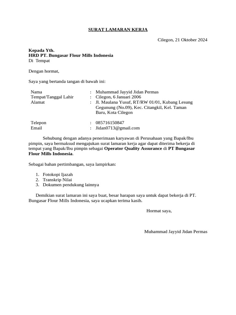 Surat Lamaran Kerja Jidan | PDF