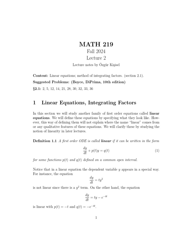 MATH219 Lecture 2 | PDF | Equations | Ordinary Differential Equation