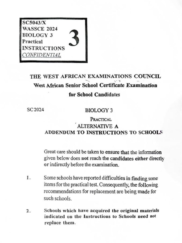 Instructions - Biology (Practical) (Alt A) - WASSCE 2024 | PDF