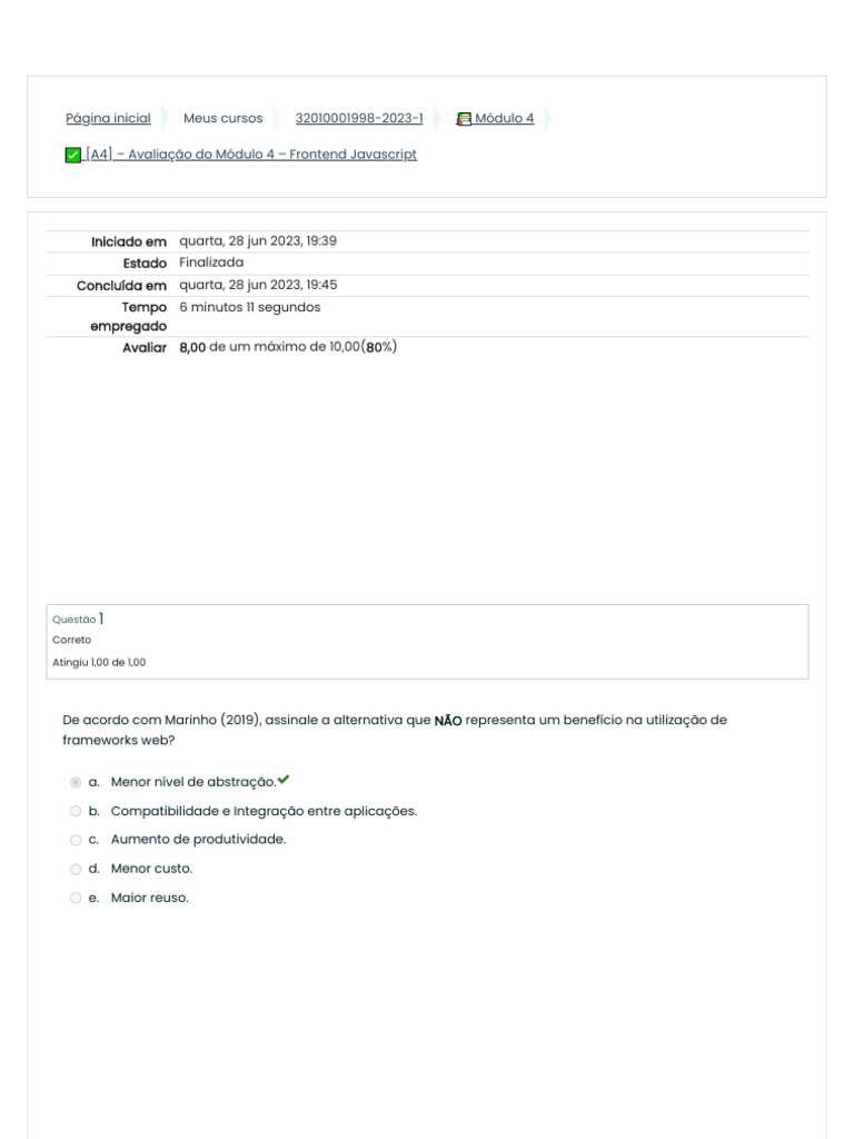 A4 Avaliacao Do Modulo 4 Frontend Javascript Revisao Da Tentativa | PDF | Script Java ...