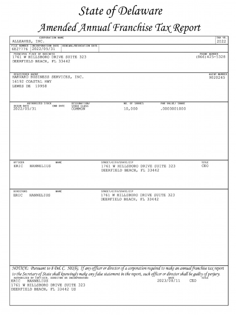 Alleaves, Inc. - Amended Aftr 2022 | PDF