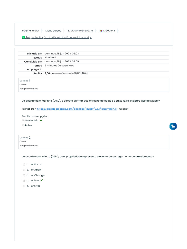 A4 Avaliacao Do Modulo 4 Frontend Javascript Revisao Da Tentativa | PDF | Script Java | Janela ...