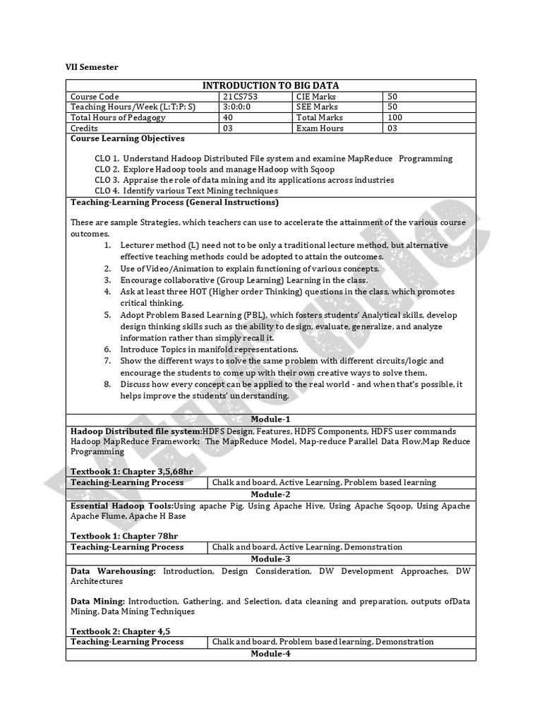 Introduction To Big data-21CS753-syllabus | PDF | Apache Hadoop | Map Reduce