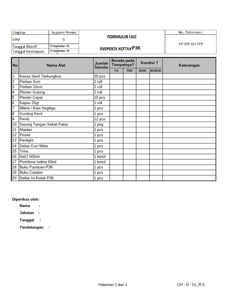 SP 025 QH F02-Form Check List Kotak Obat | PDF