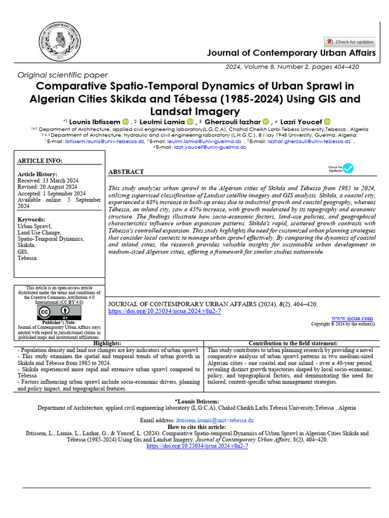 Comparative Spatio-Temporal Dynamics of Urban Sprawl in Algerian Cities Skikda and Tébessa (1985 ...