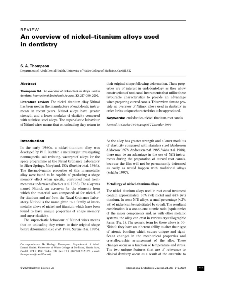 An Overview of Nickel-Titanium Alloys Used in Dentistry | PDF