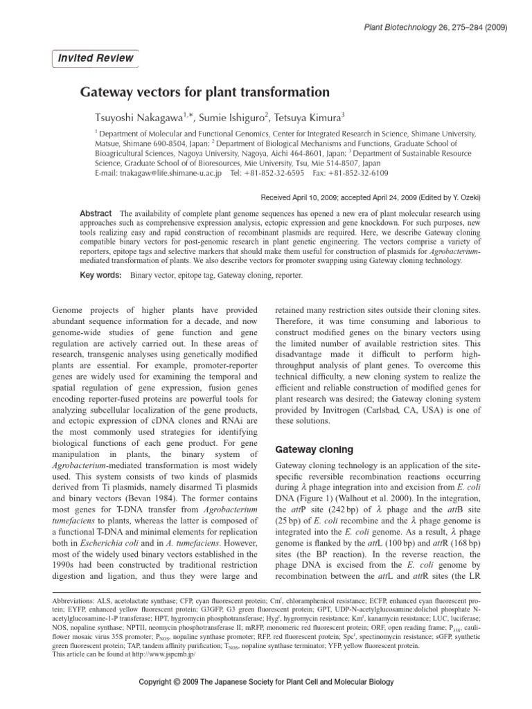 Gateway Vectors For Plant Transformation: Tsuyoshi Nakagawa, Sumie ...