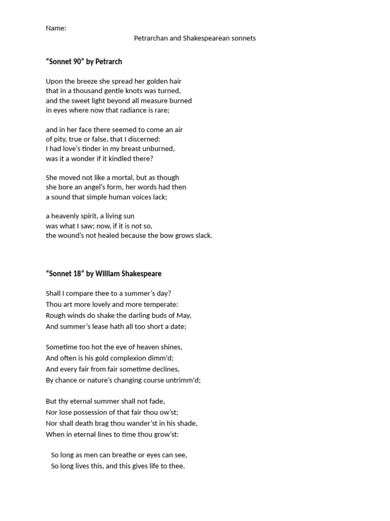 Petrarchan and Shakesepearean Sonnets | PDF
