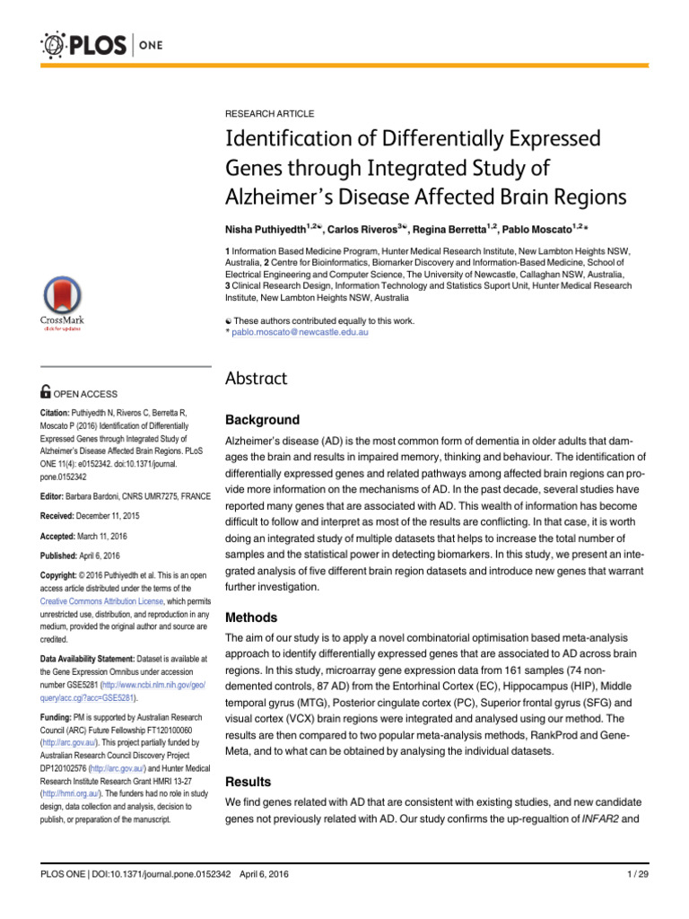 Identification of Differentially Expressed | PDF | Frontal Lobe | Memory Identification of Differentially Expressed | PDF | Frontal Lobe | Memory