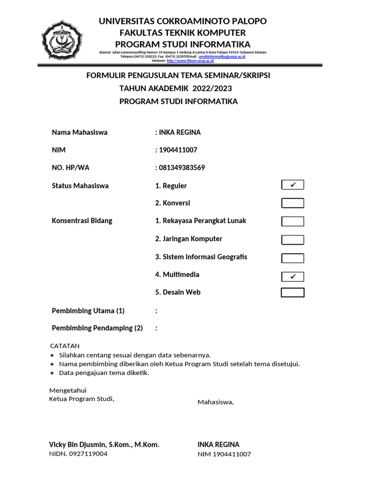 Form Pegajuan Tema Prodi Informatika 2022-2023 - 084139 | PDF