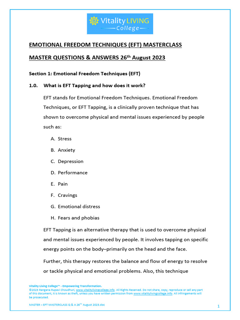 Master Eft Masterclass Q A 26th August 2023 | PDF | Emotional Freedom Techniques | Mental Health