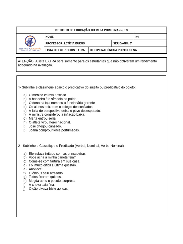 Lista de Exercícios de Língua Portuguesa | PDF