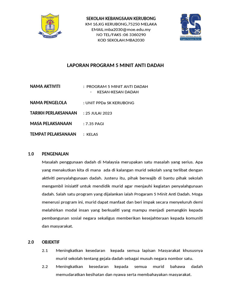 LAPORAN PROGRAM 5 Minit Anti Dadah | PDF