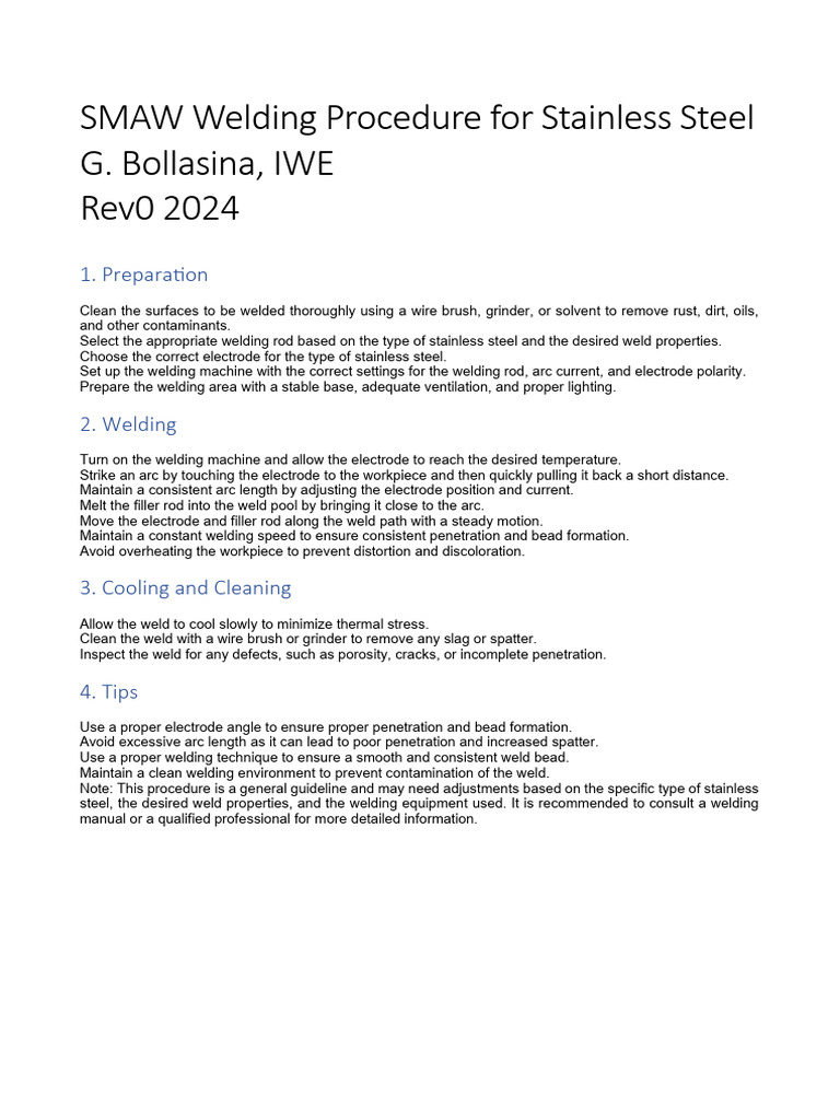 Welding Procedure - SMAW For Stainless Steel Rev0 | PDF