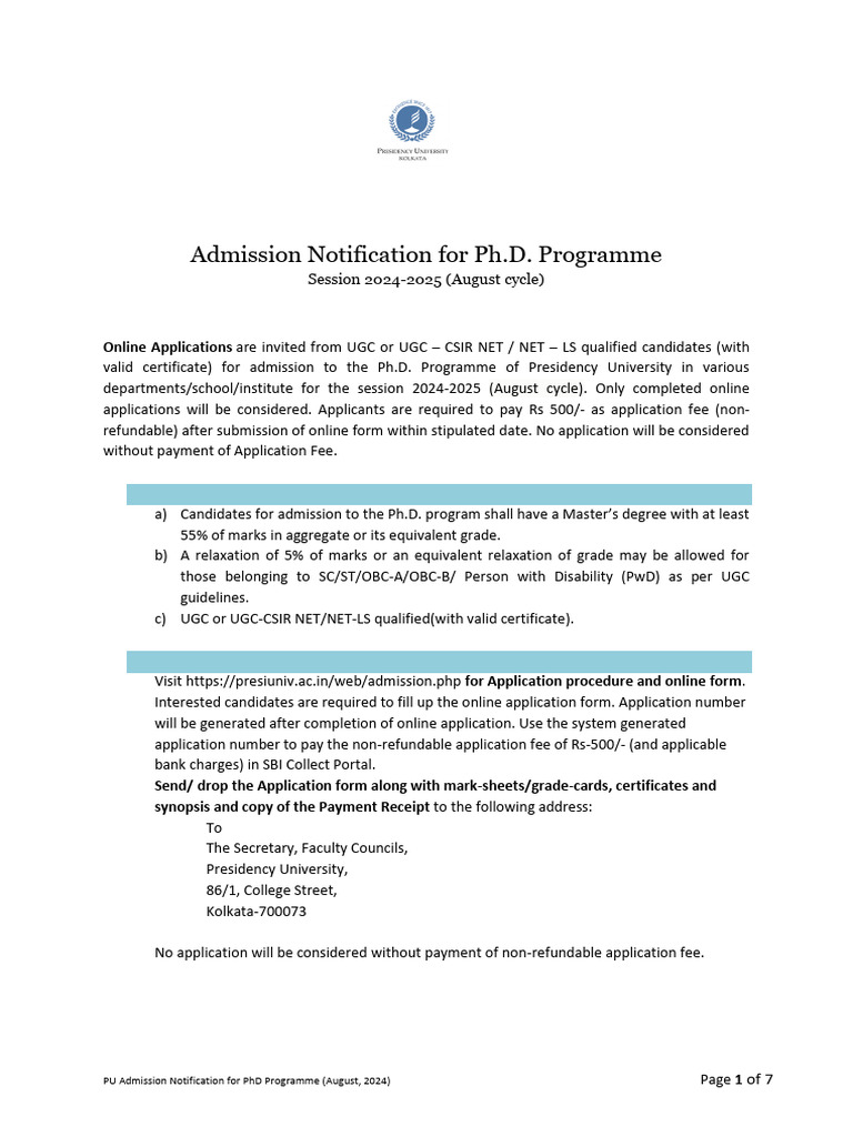 Advertisement For PHD Aug 2024 | PDF | Doctor Of Philosophy | Disability