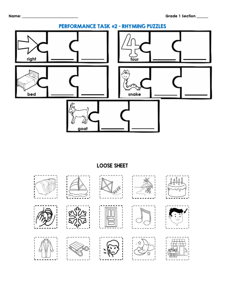 Performance Task 2 - Rhyming Puzzle Template and Loose Sheet | PDF
