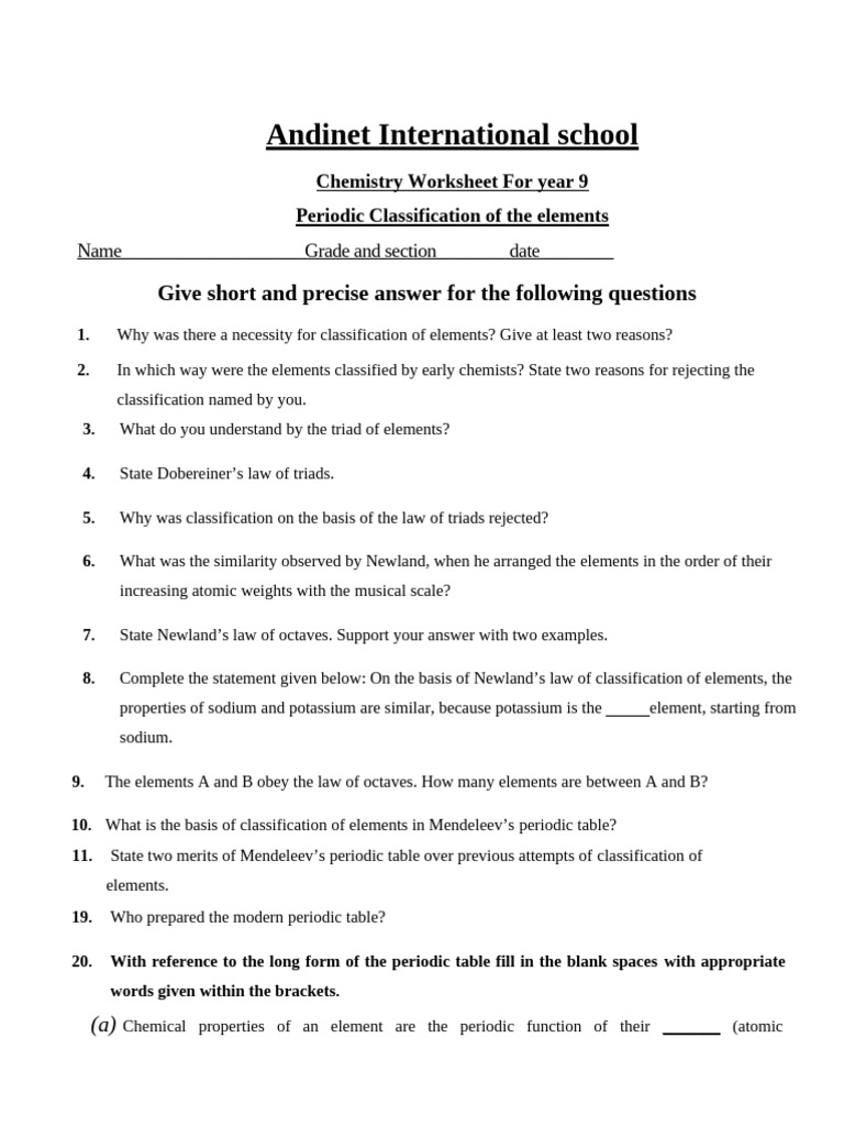 Year 9 Chemistry Classification Worksheet | PDF | Periodic Table ...