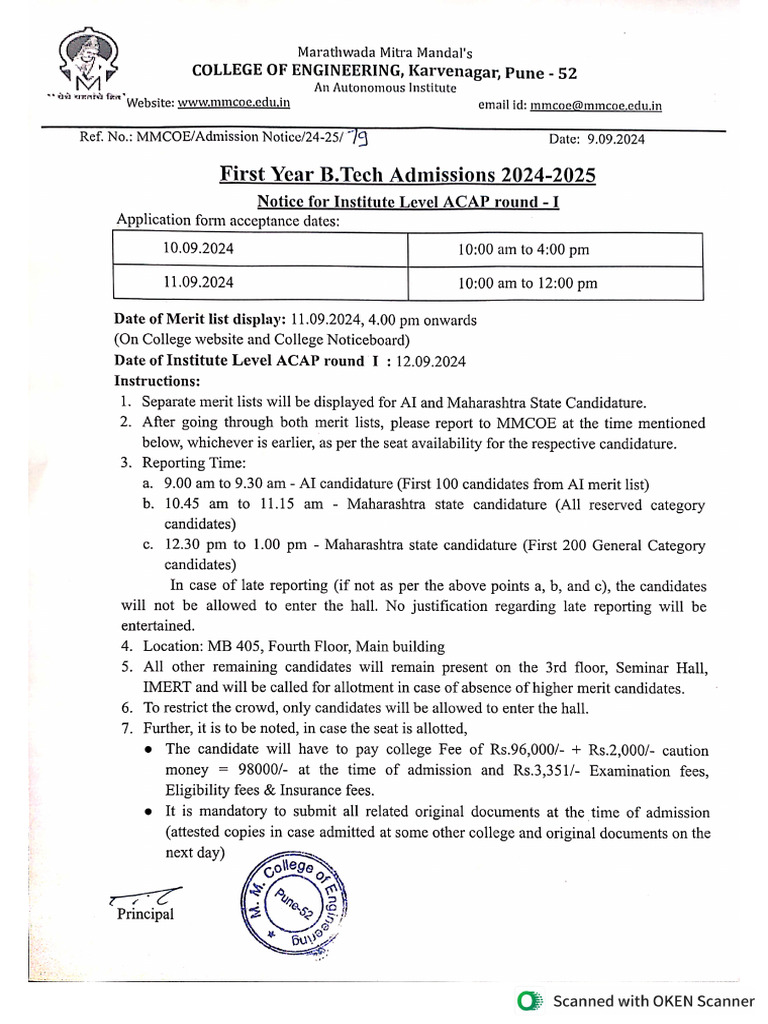 MMCOE Karvenagar ACAP Notice | PDF
