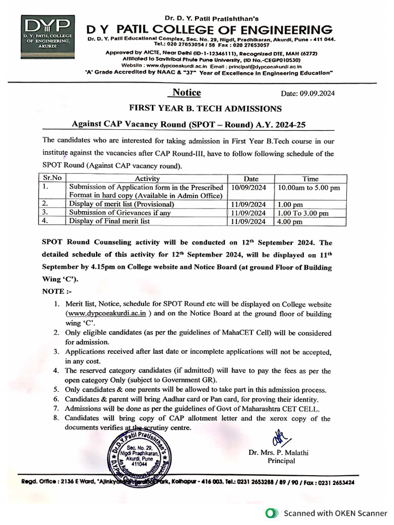 FY BTech Spot Round Schedule 2024 25 | PDF