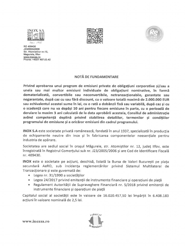 2024 Nota Fundamentare Program Obligatiuni | PDF