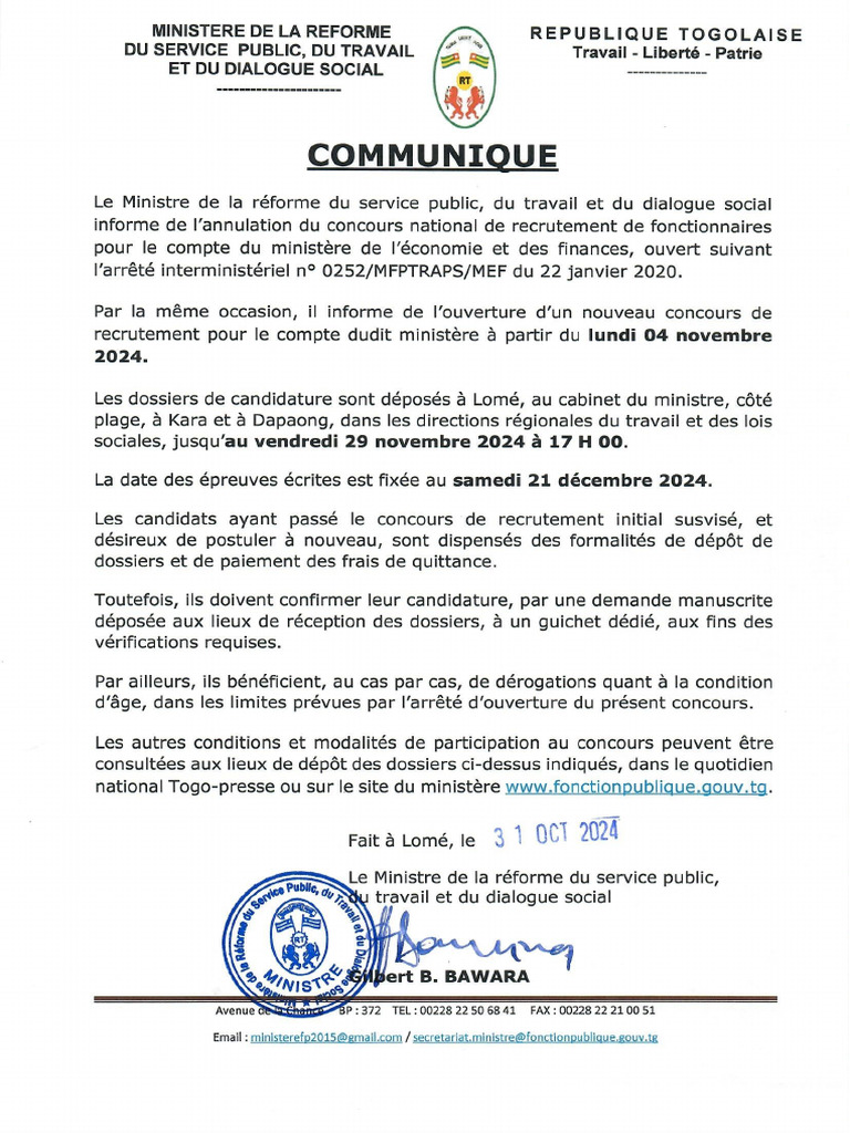 Communique Et Arrete Douverture Du Concours Pour Le Compte Du MEF 2024 | PDF