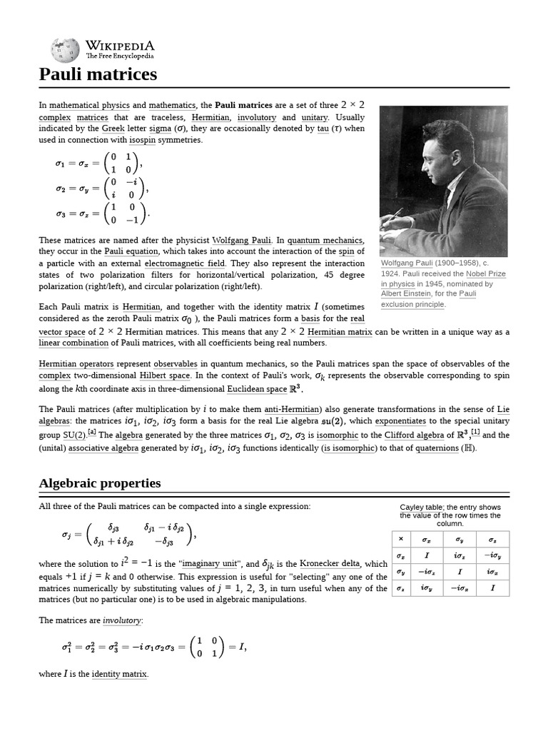 Pauli Matrices Pdf Eigenvalues And Eigenvectors Matrix Mathematics