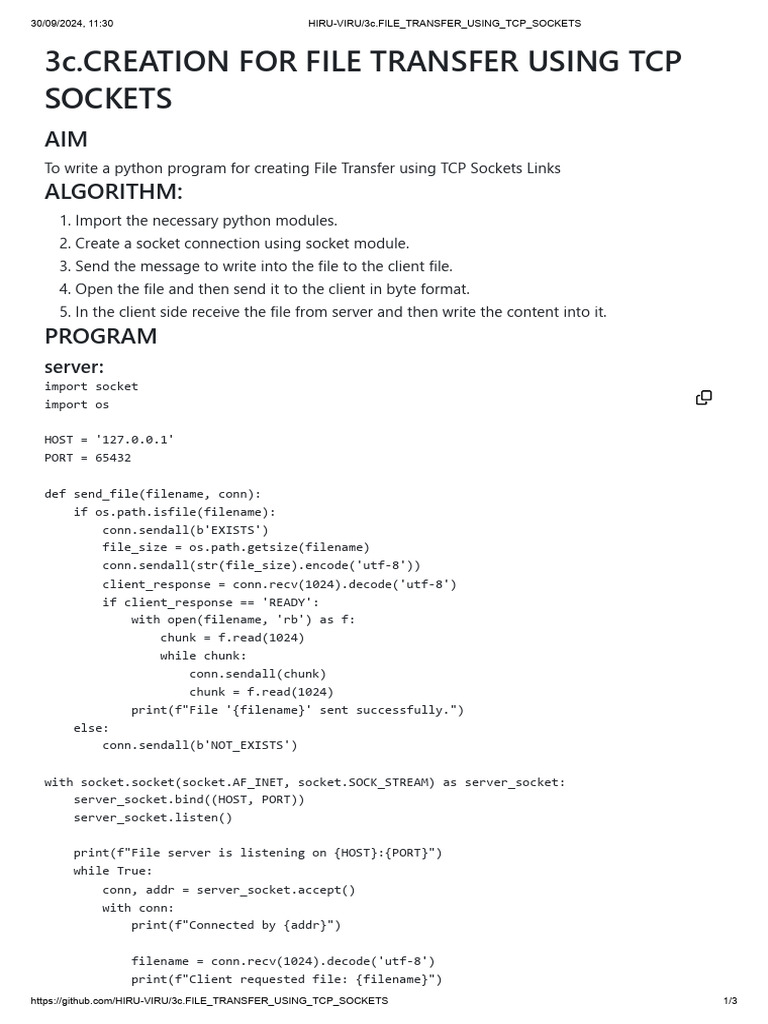 3C.Creation For File Transfer Using TCP Sockets: AIM Algorithm | PDF | Network Socket | Filename