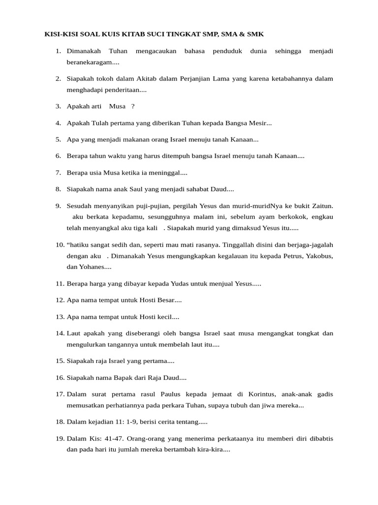Kisi-Kisi Kuis Kitab Suci Tingkat SMP, Sma Dan SMK-1 | PDF