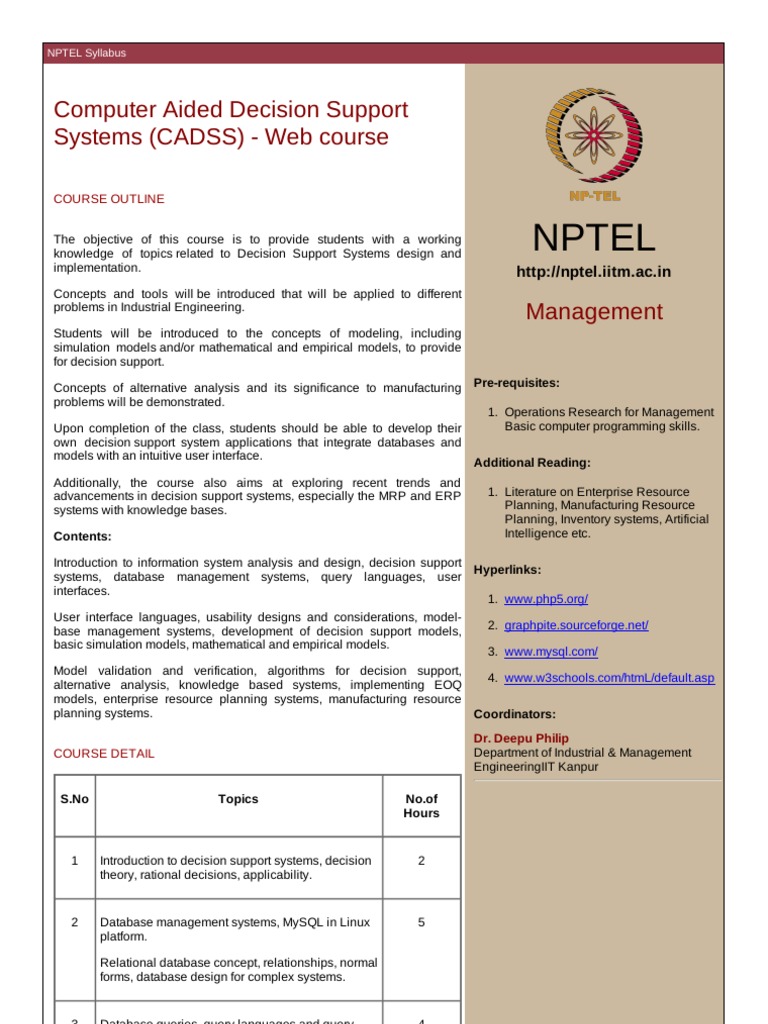Nptel: Computer Aided Decision Support Systems (CADSS) - Web Course ...